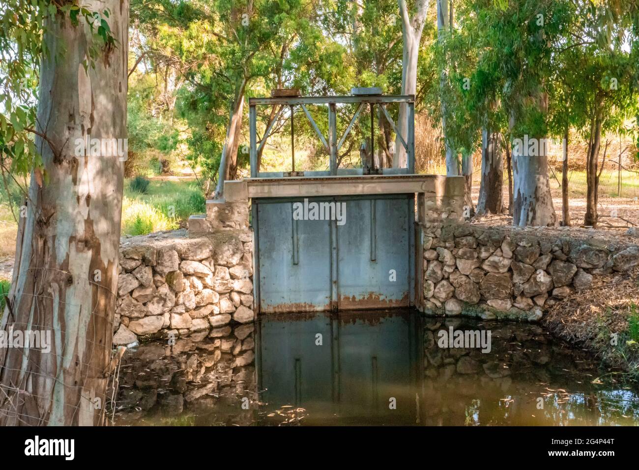 Rusty gates of water gateway in the pond Stock Photo - Alamy