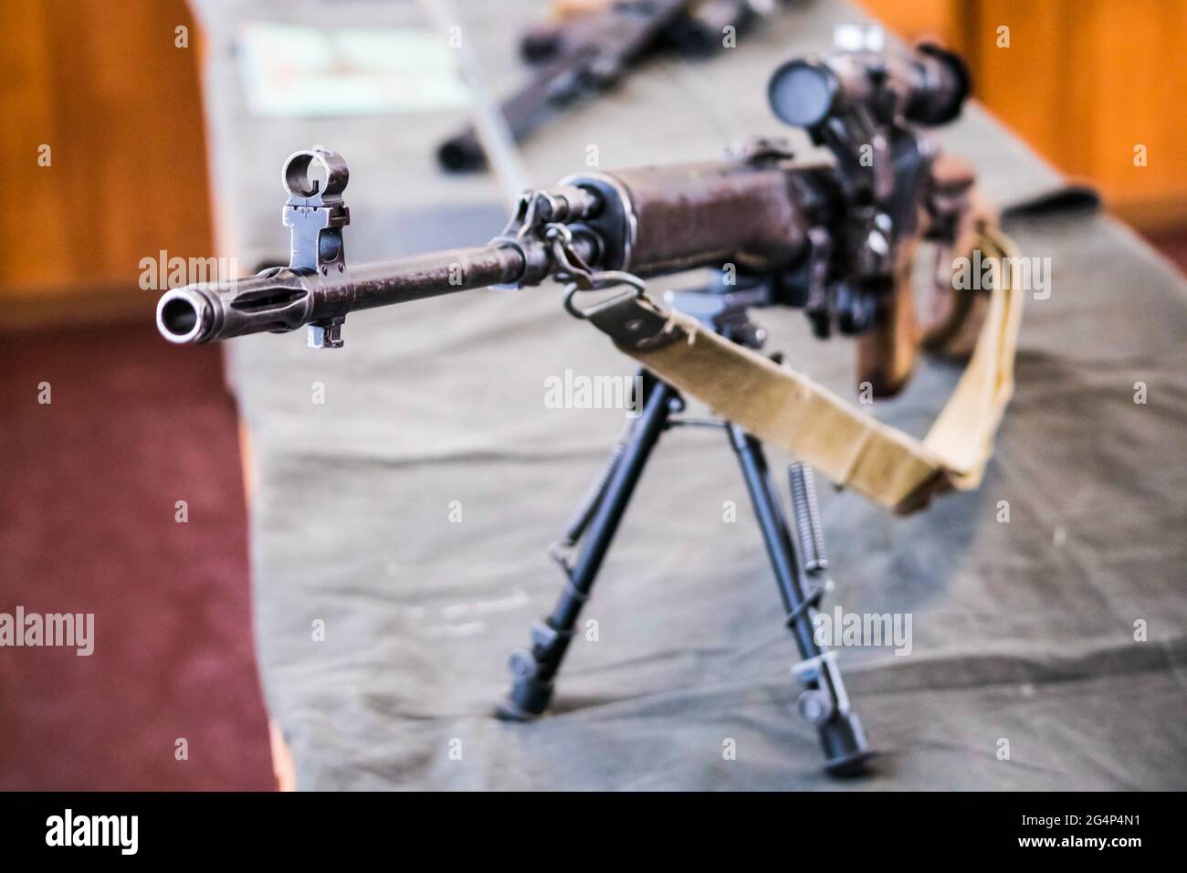Moscow, Russia. 7th Feb, 2018. The SVD rifle on a table during a sniper ...