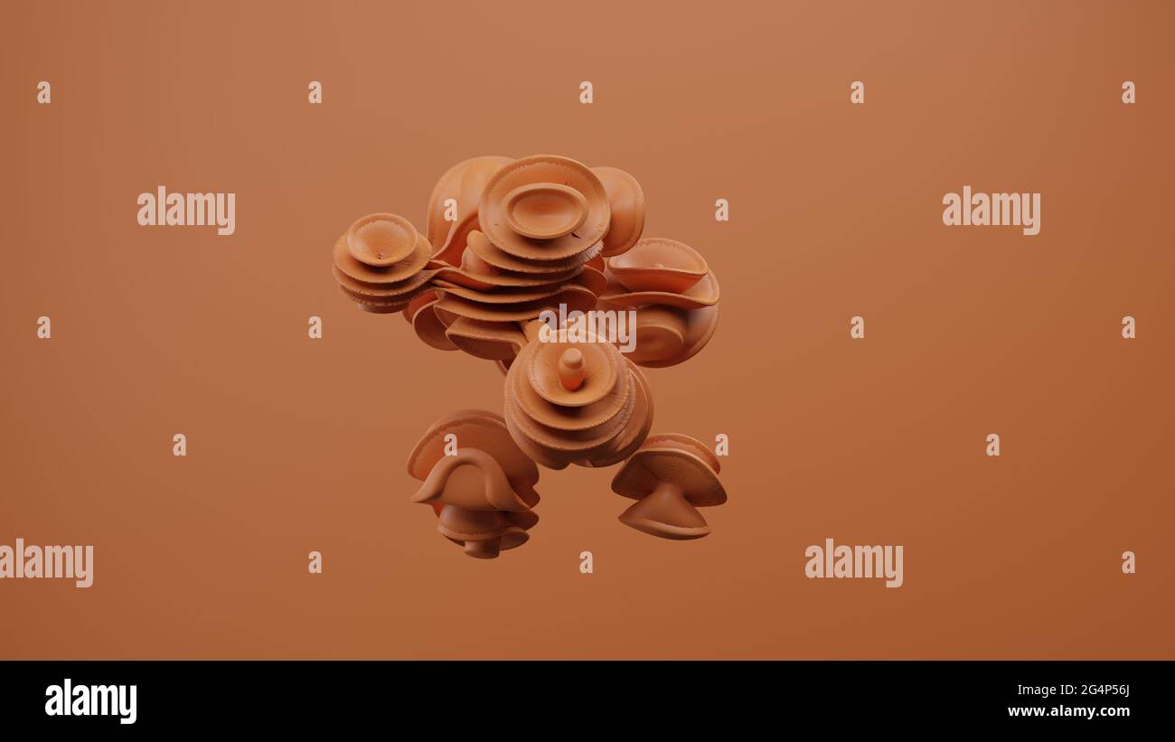 A 3D renderin of a unique brown abstract object floating on brown ...