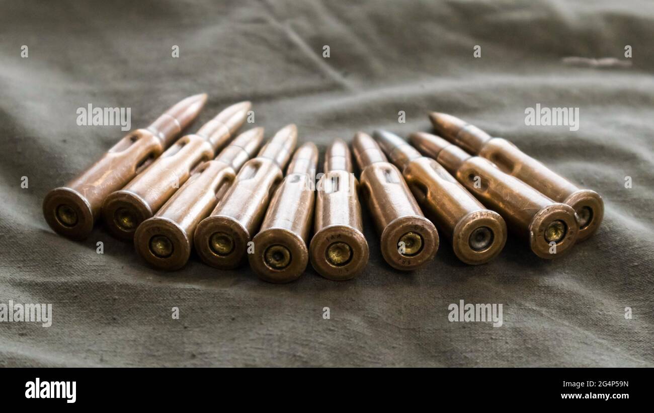 Rifle ammunition seen on the table during a sniper training class ...