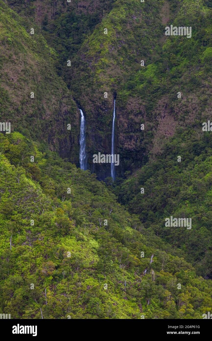 Waterfalls at the back of HANALEI VALLEY near the NA PALI COAST as seen ...