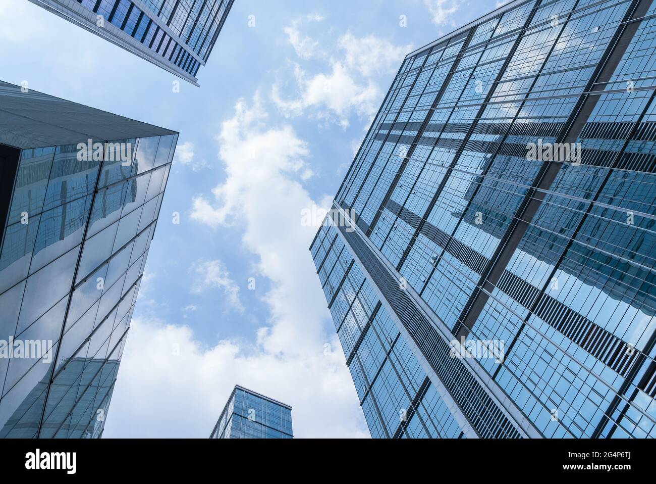 low angle view of modern office building in Chengdu City in sunshine ...