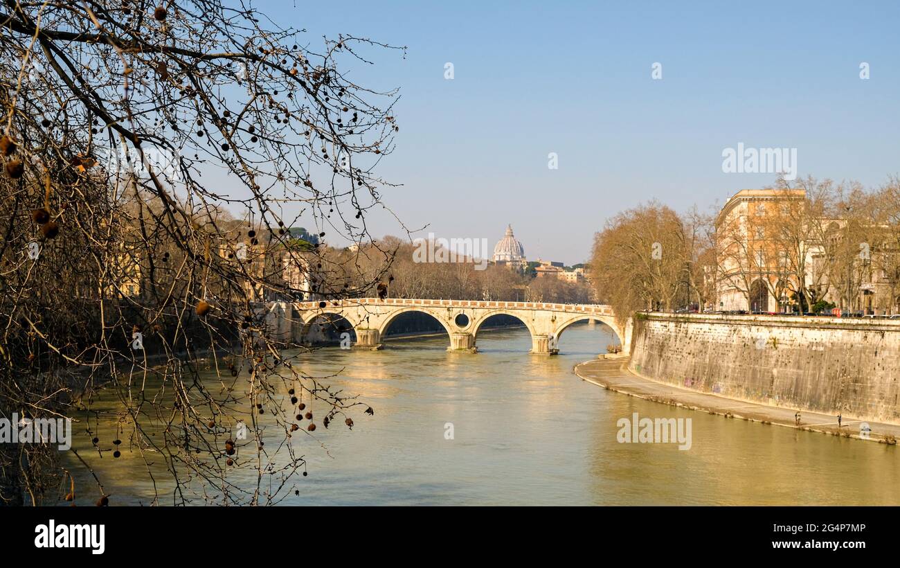 Rome, last days of winter. Tiber river. From Ponte Garibaldi, view of ...