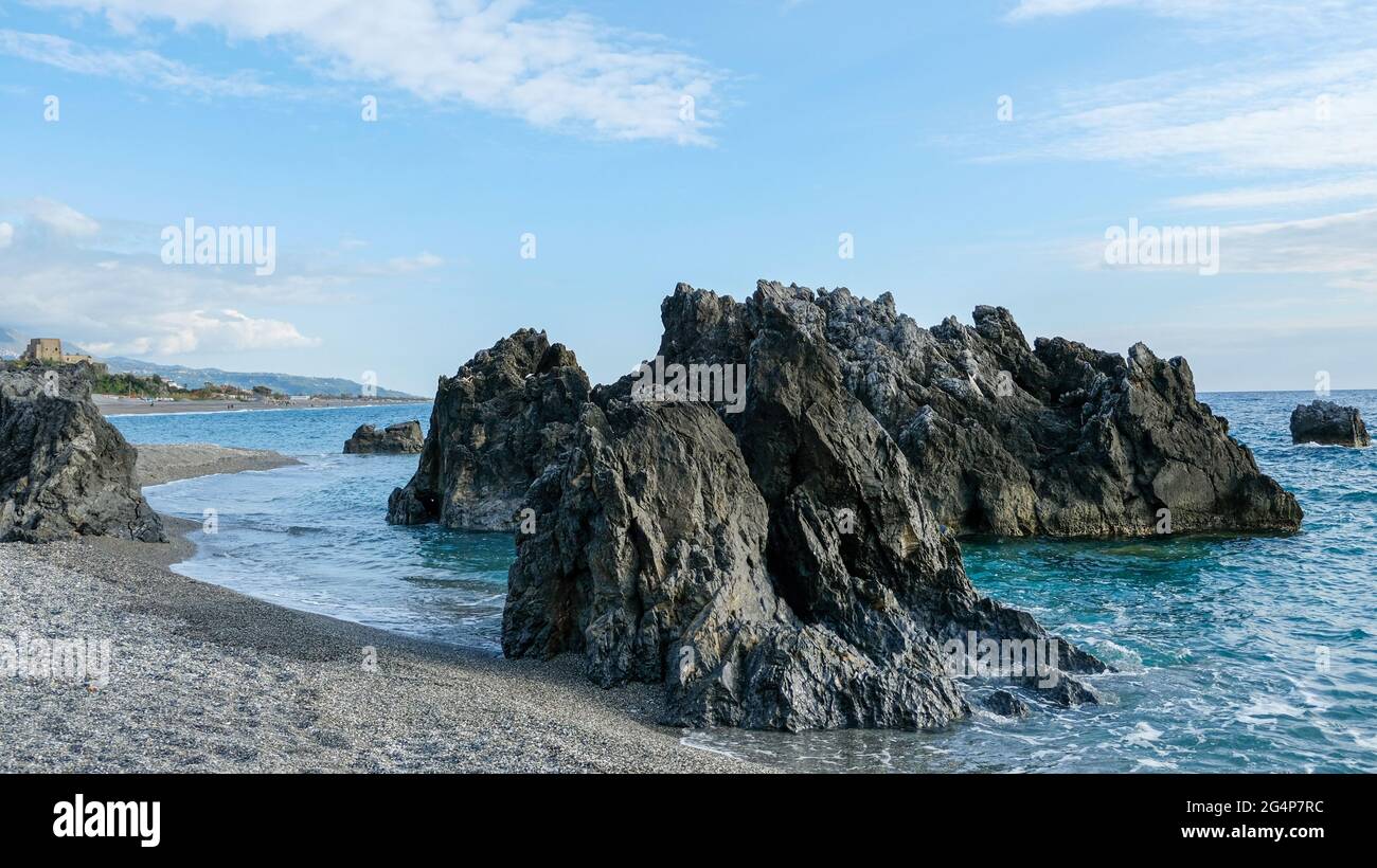 Scalea beach, Calabria region. Rocky formations at the beach. In the ...