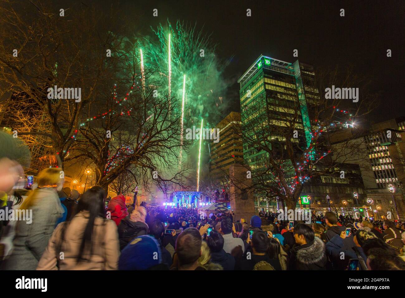 Halifax Downtown Fireworks with cheering background crowd. Beautiful ...