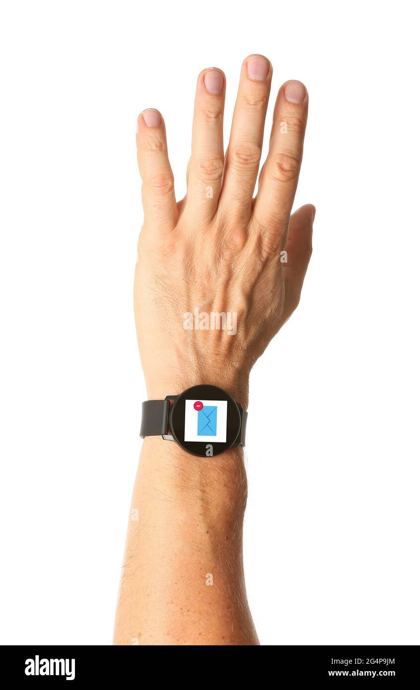 Male hand with received email message on screen of smart watch against ...