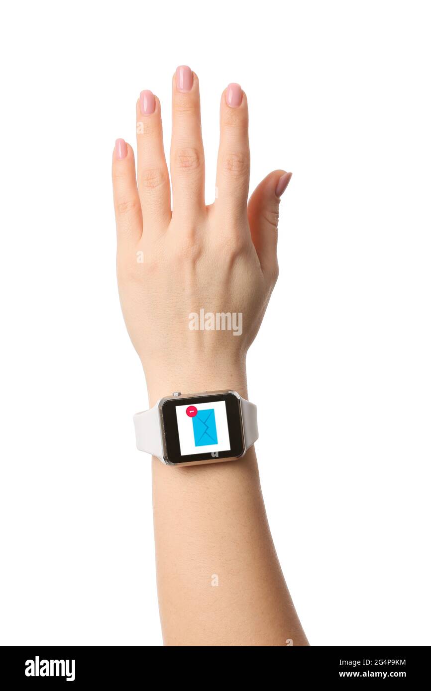 Female hand with received email message on screen of smart watch ...