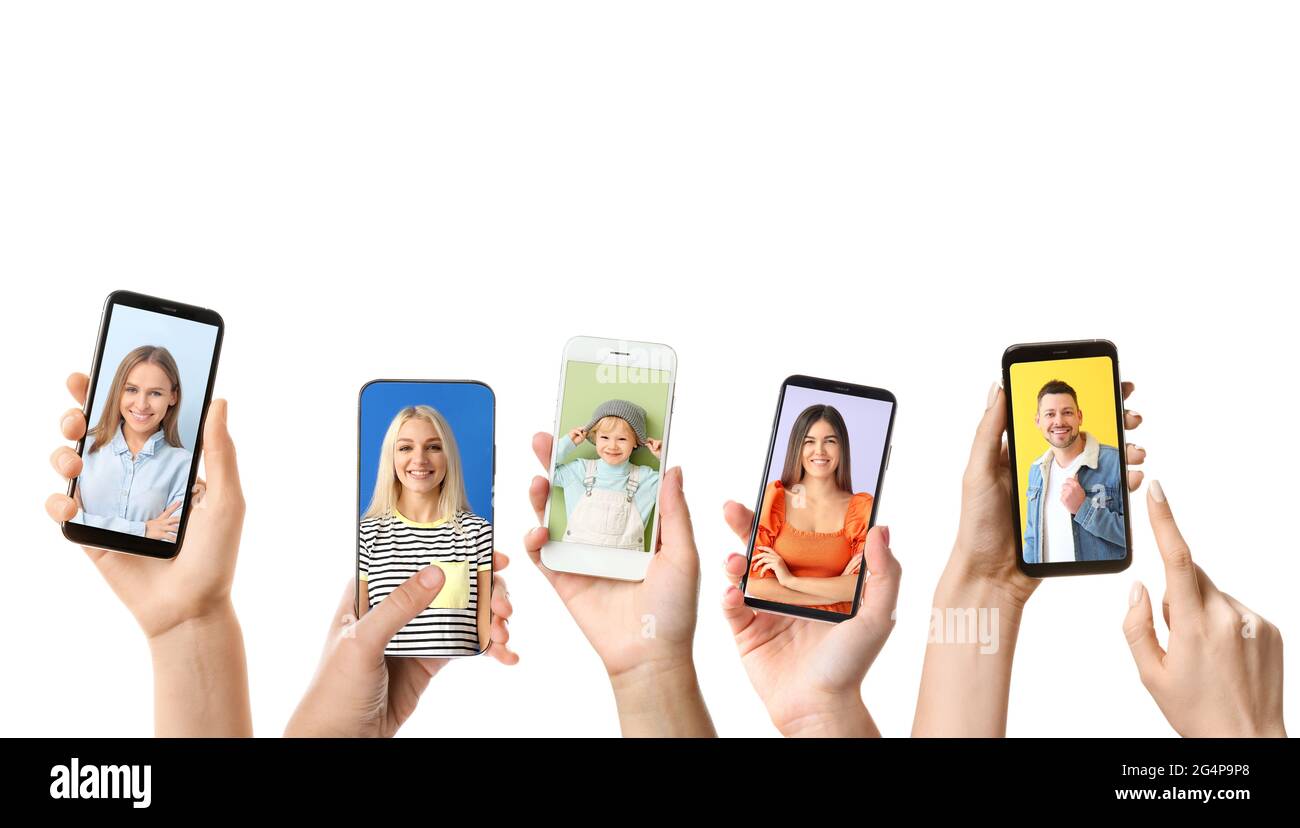 Group of people with mobile phones taking photo on white background ...