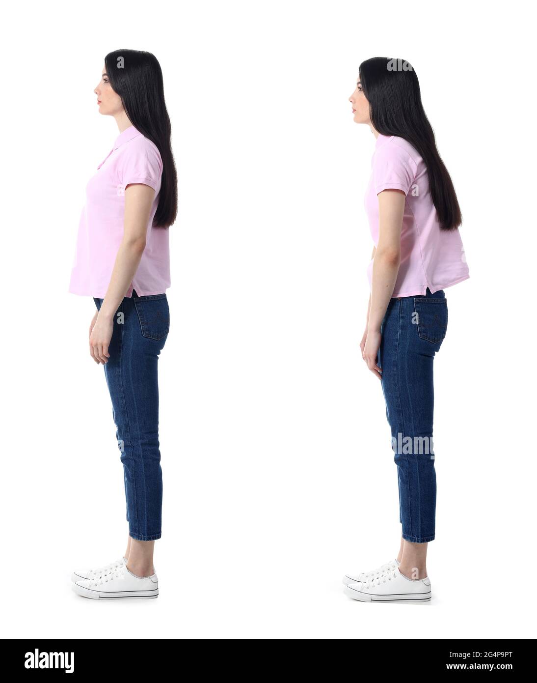 Young woman with bad and proper posture on white background Stock Photo ...