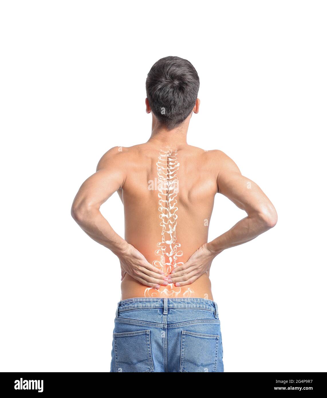 Young man suffering from back pain on white background Stock Photo - Alamy
