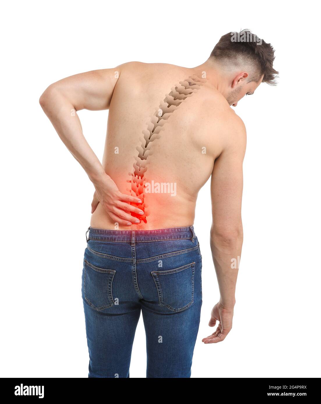 Young man suffering from back pain on white background Stock Photo - Alamy