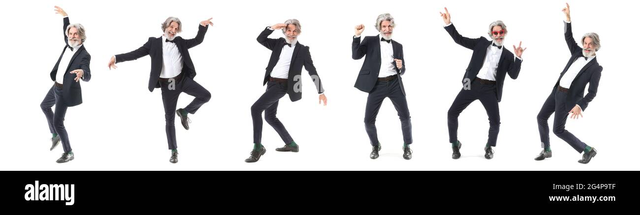 Cool senior man dancing against white background Stock Photo - Alamy