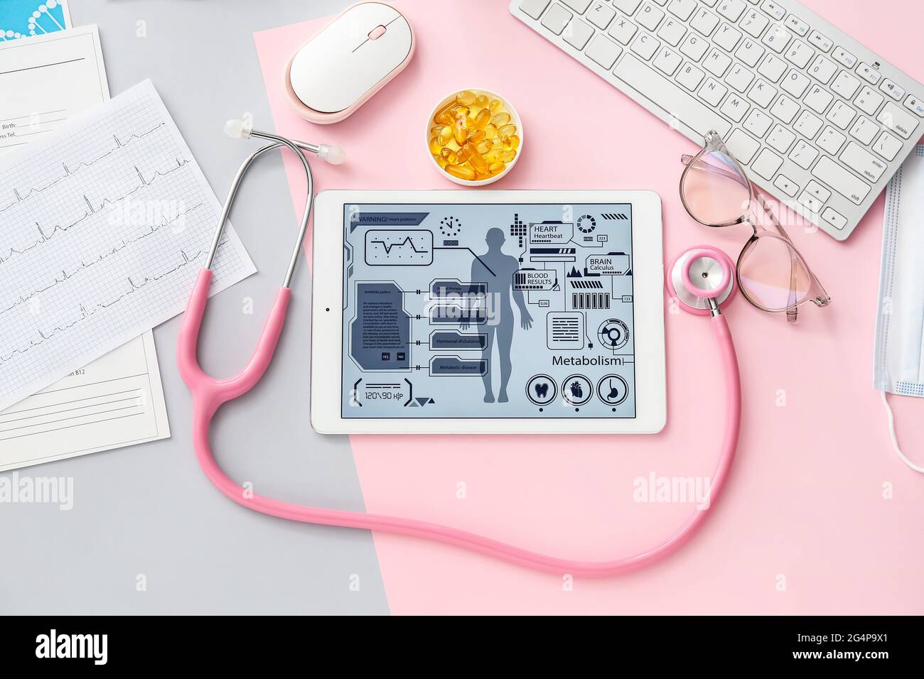 Tablet computer with stethoscope, pills, cardiogram and accessories of ...