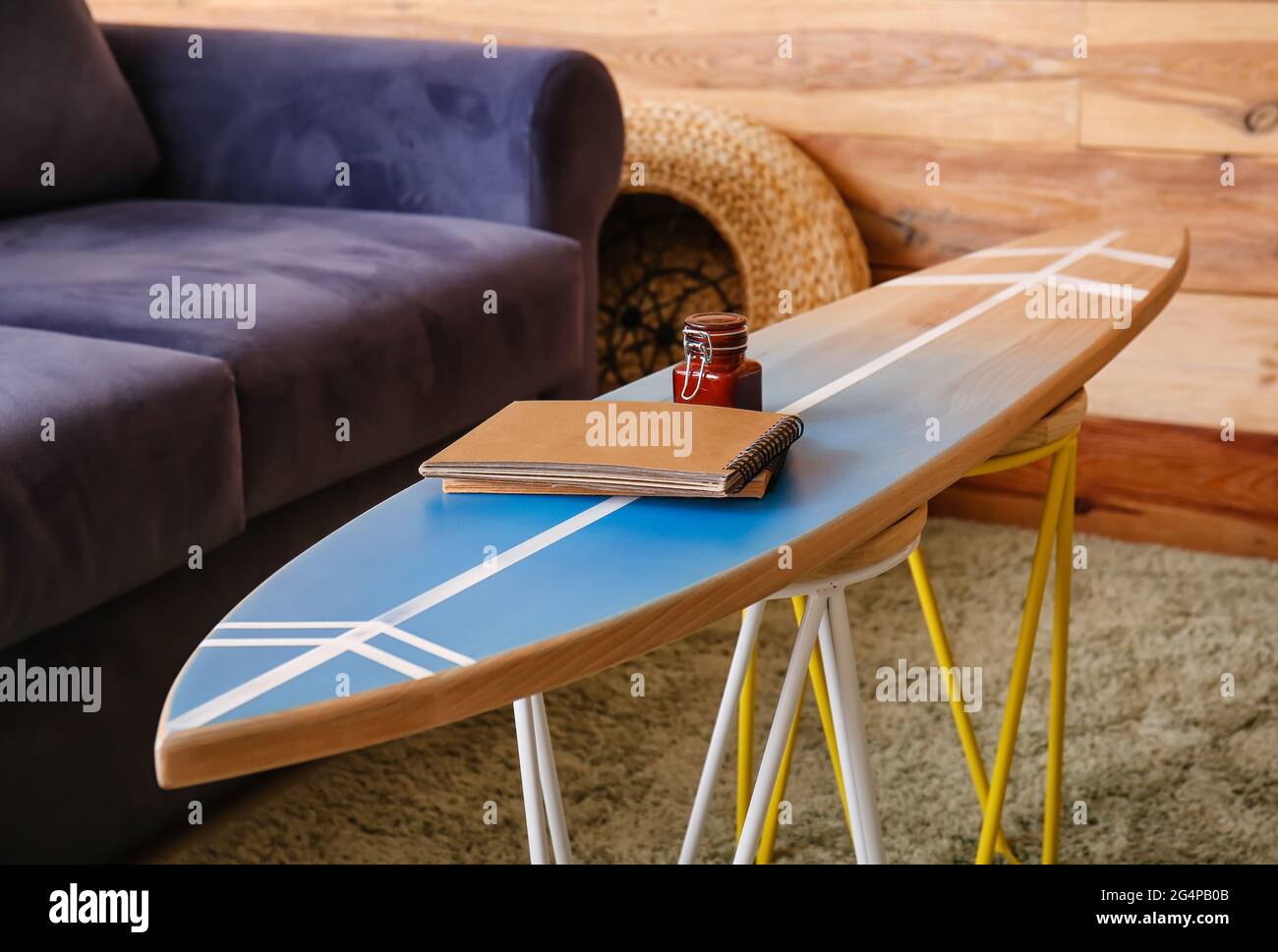 Interior of modern room with surfboard Stock Photo - Alamy