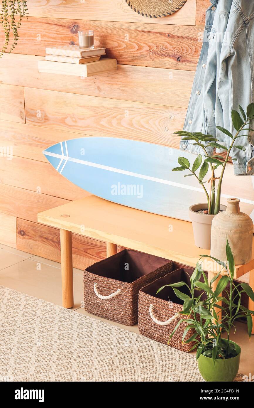 Interior of modern room with surfboard Stock Photo - Alamy