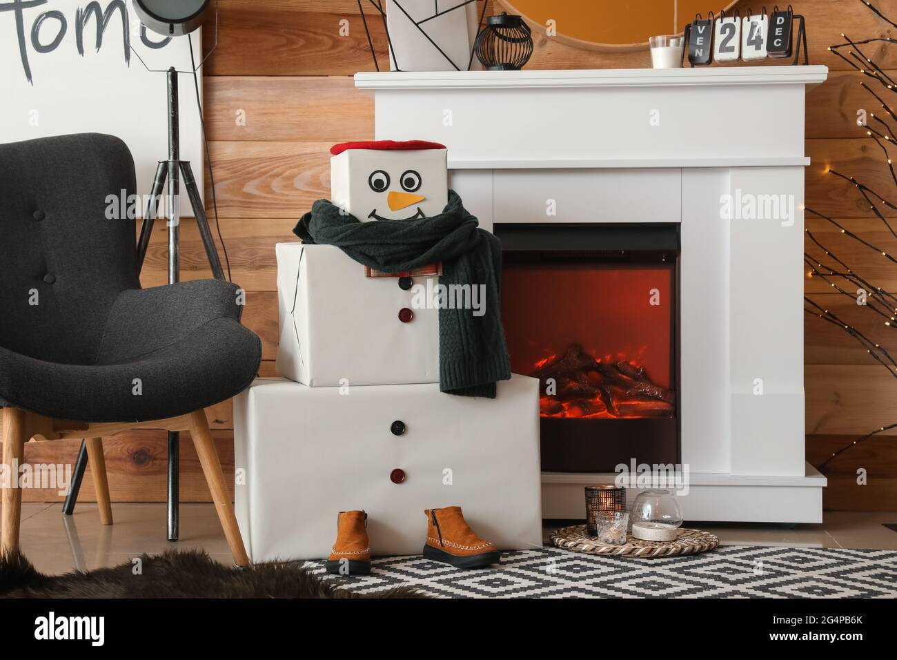 Interior of living room with decorative snowman Stock Photo - Alamy