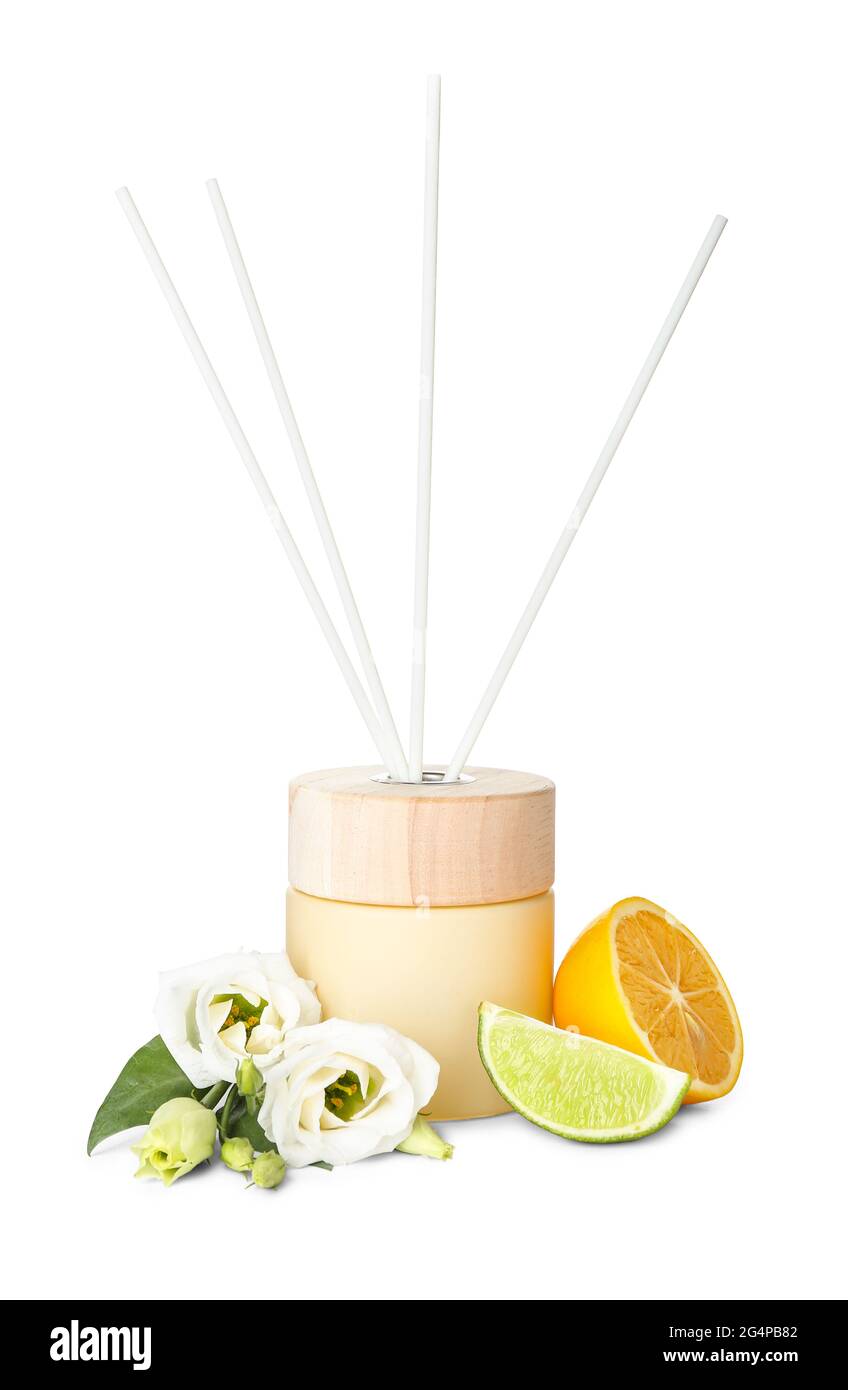 Natural reed diffuser on white background Stock Photo - Alamy