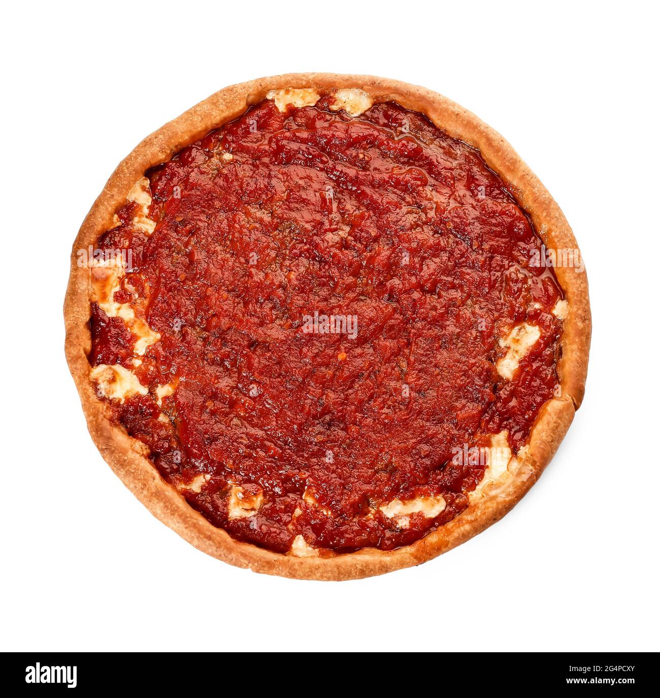 Tasty Chicago-style pizza on white background Stock Photo - Alamy