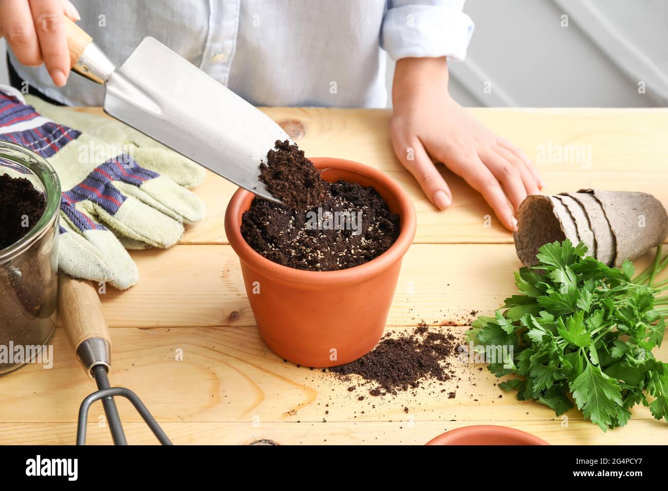 Woman filling pot soil hi-res stock photography and images - Alamy
