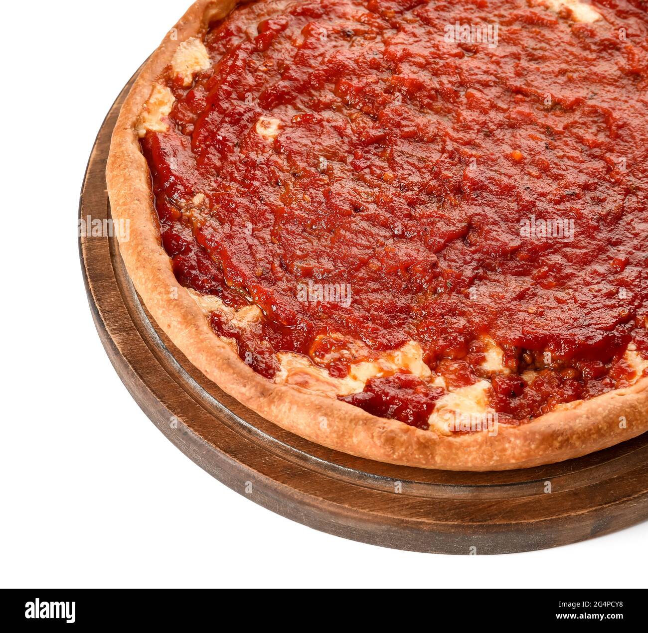 Board with tasty Chicago-style pizza on white background, closeup Stock ...
