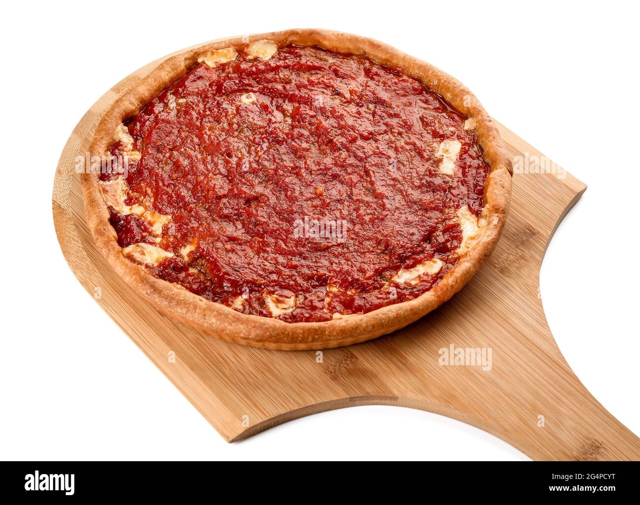 Board with tasty Chicago-style pizza on white background Stock Photo ...