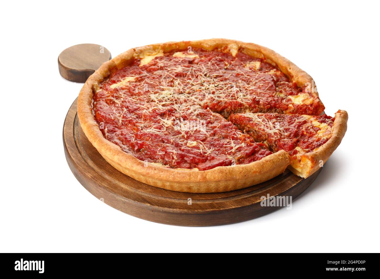 Board with tasty Chicago-style pizza on white background Stock Photo ...