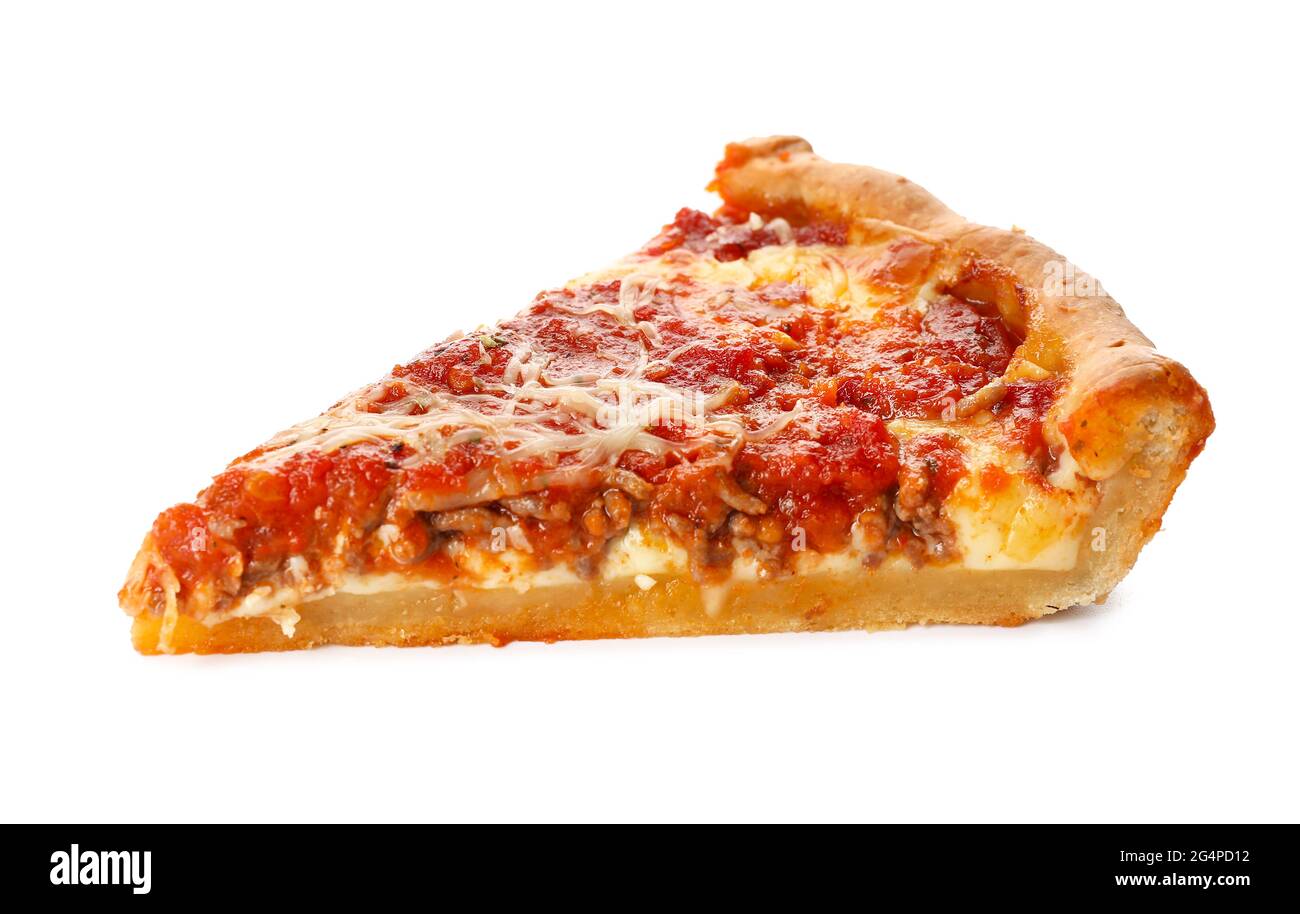 Piece of tasty Chicago-style pizza on white background Stock Photo - Alamy