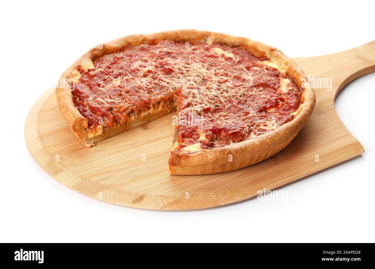 Board with tasty Chicago-style pizza on white background Stock Photo ...