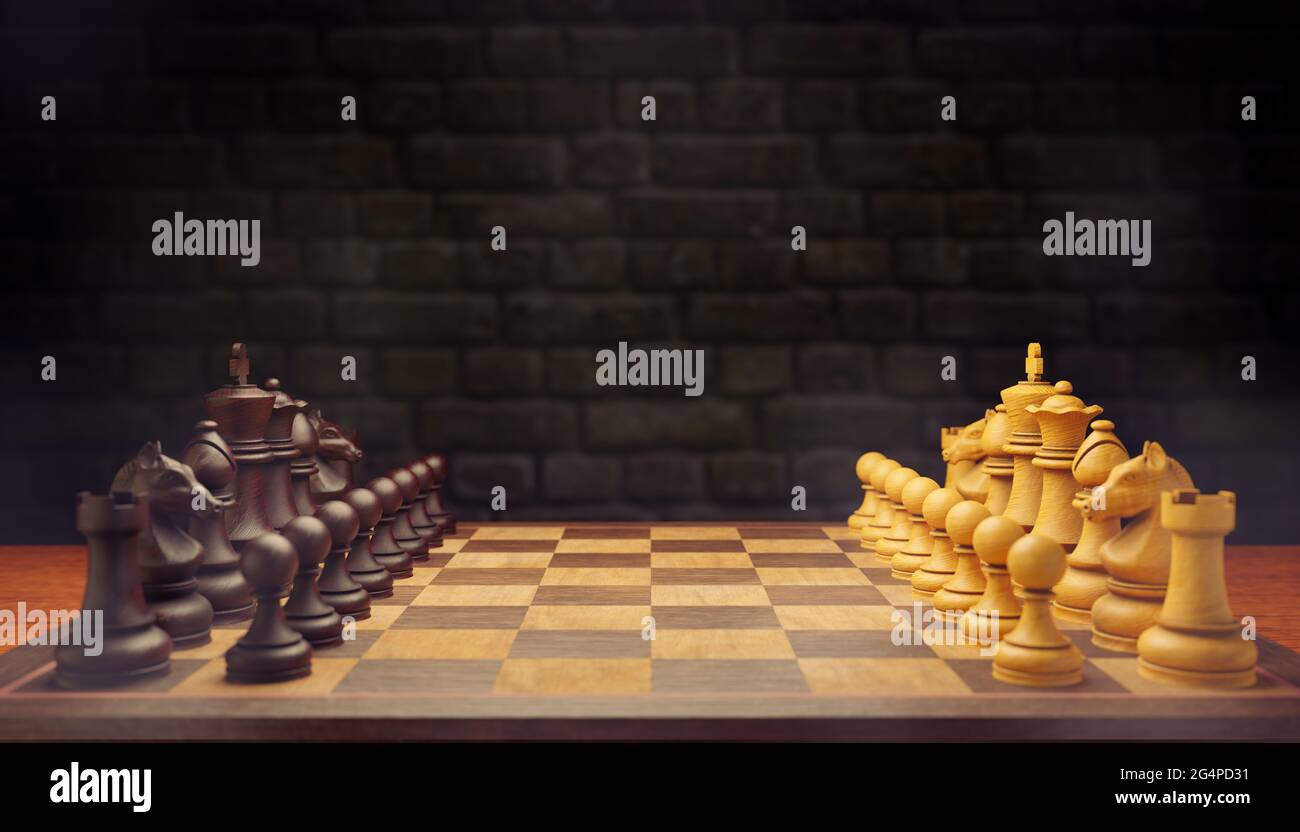 Two chess pieces are facing each other in haze on a chessboard against ...