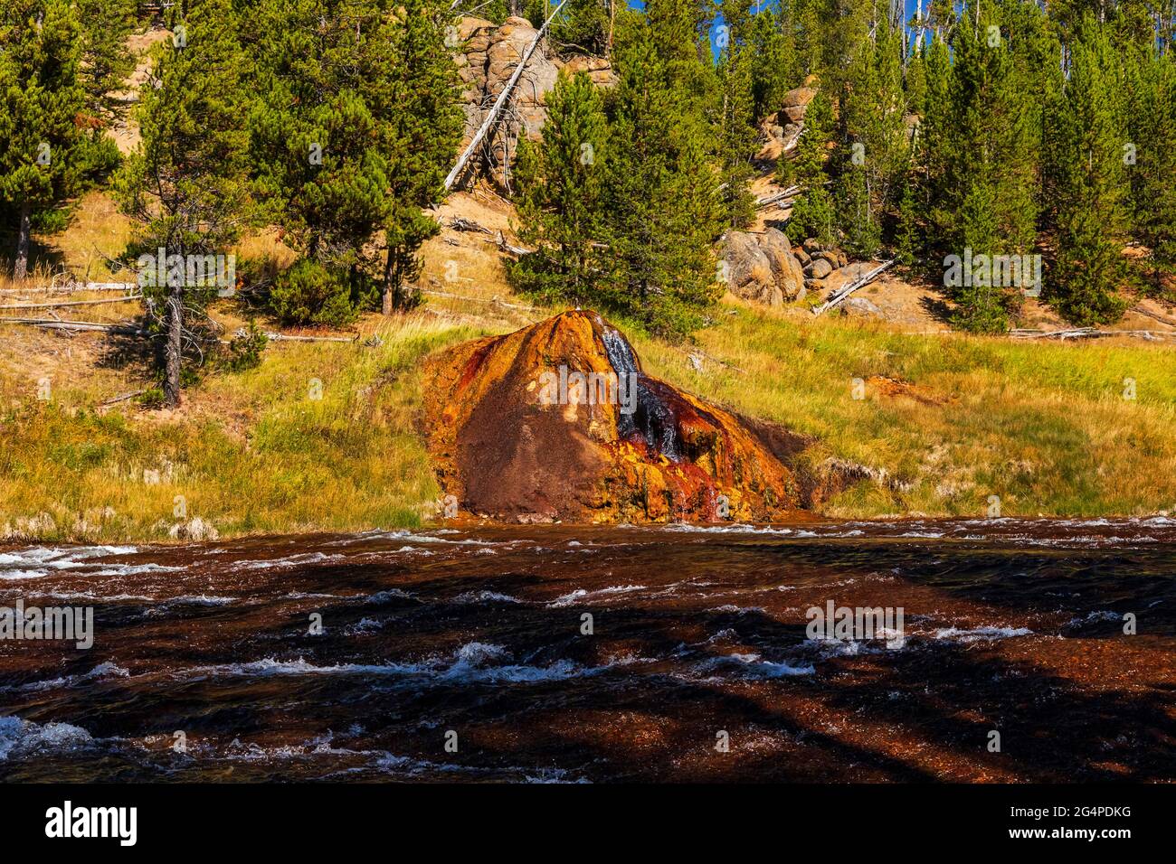 Chocolate Pot thermal feature erupting beside Gibbon River in Gibbon ...
