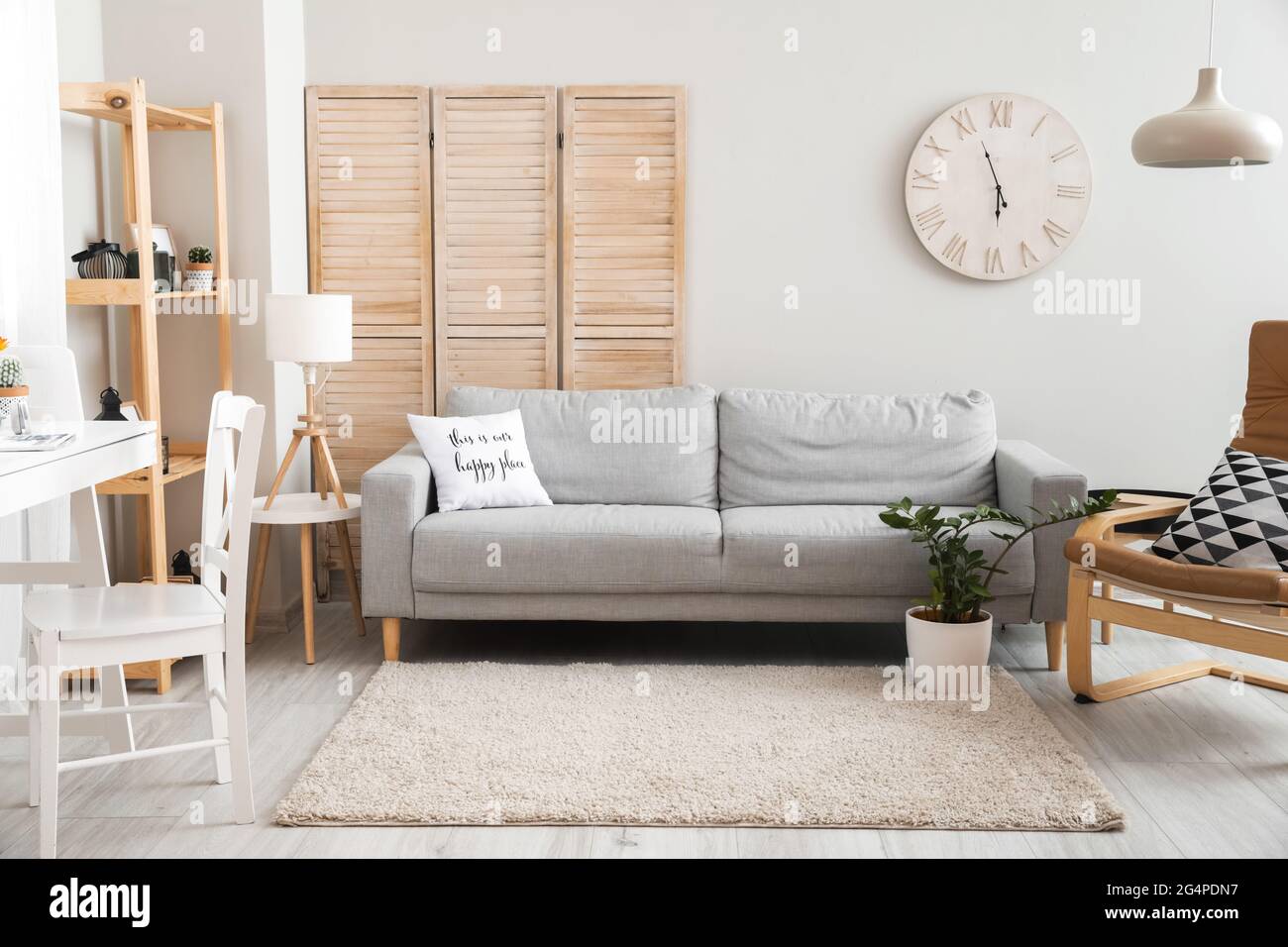 Interior of modern living room with wooden stadiometer Stock Photo - Alamy