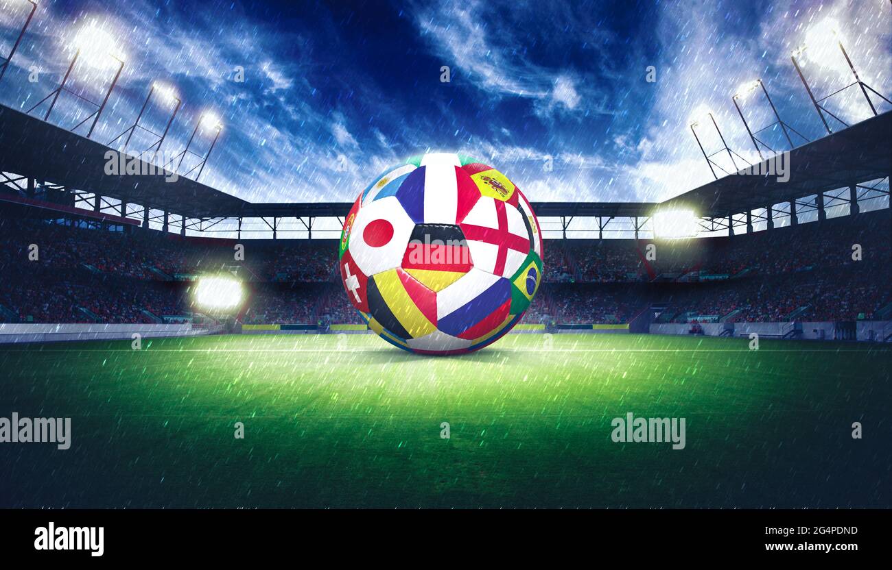 Football stadium, shiny lights, view from field. Soccer concept Stock ...