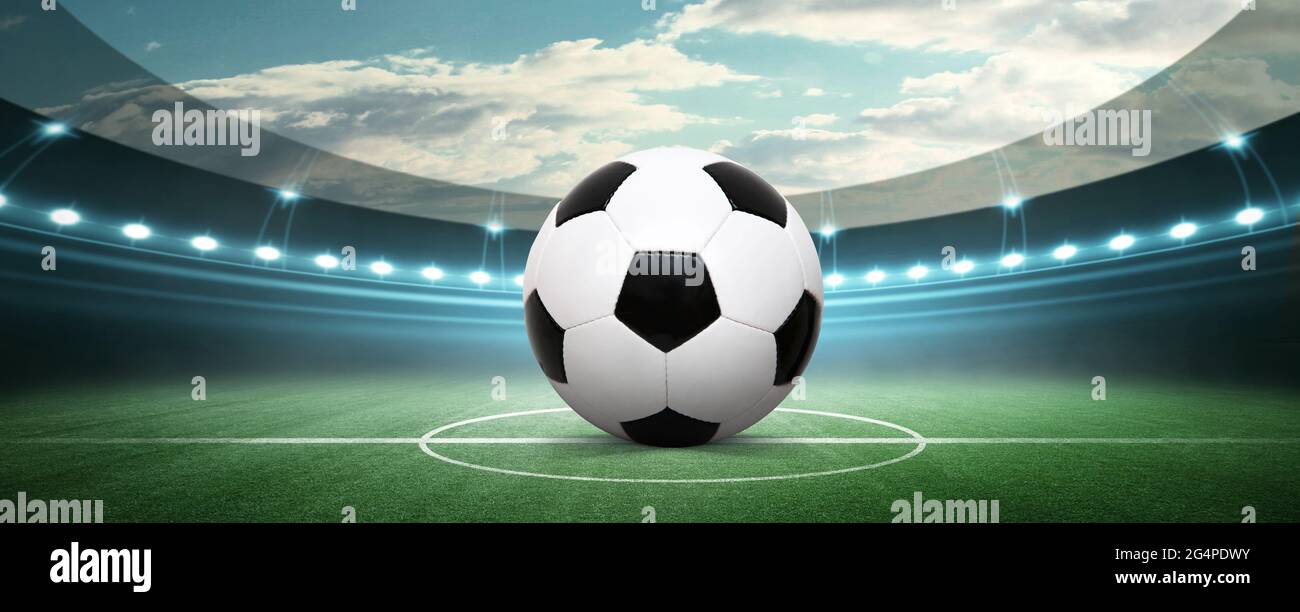 Football stadium, shiny lights, view from field. Soccer concept Stock ...