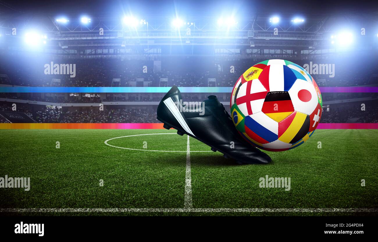 Football stadium, shiny lights, view from field. Soccer concept Stock ...