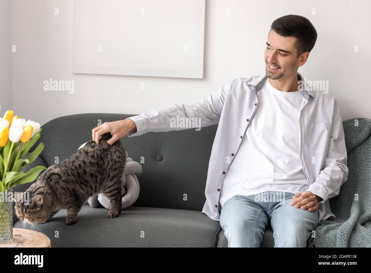 Young man with cute cat in living room Stock Photo - Alamy