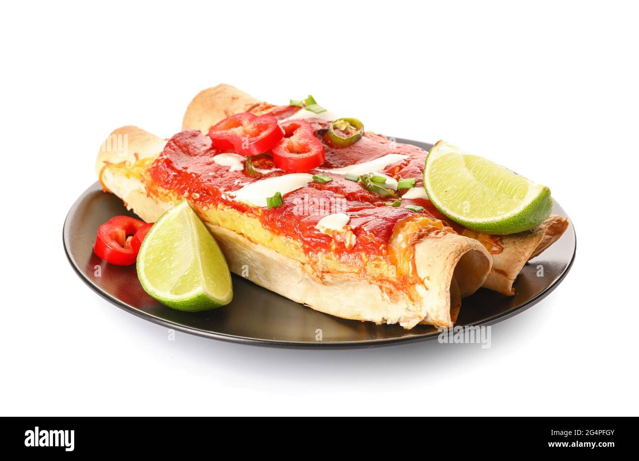 Plate with tasty cooked enchilada on white background Stock Photo - Alamy