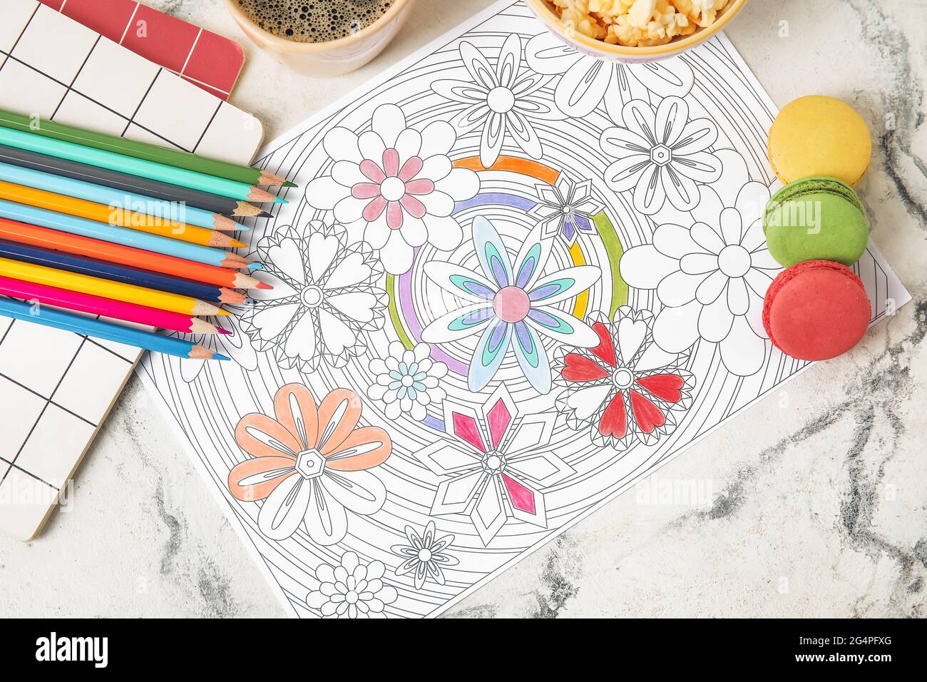 Composition with coloring picture on light background Stock Photo - Alamy