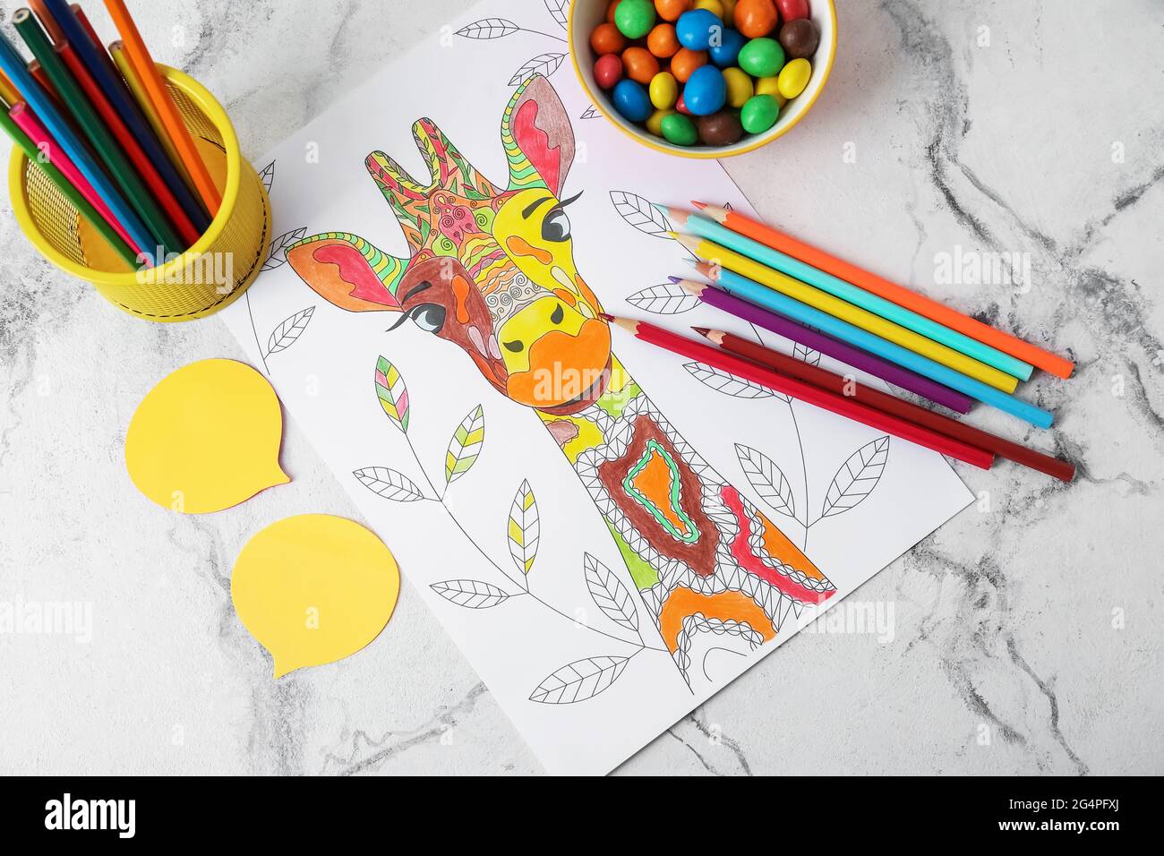 Composition with coloring picture on light background Stock Photo - Alamy