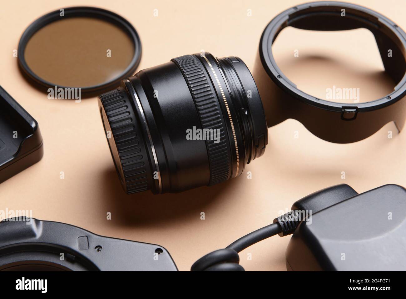 Modern photographer's equipment on color background, closeup Stock ...