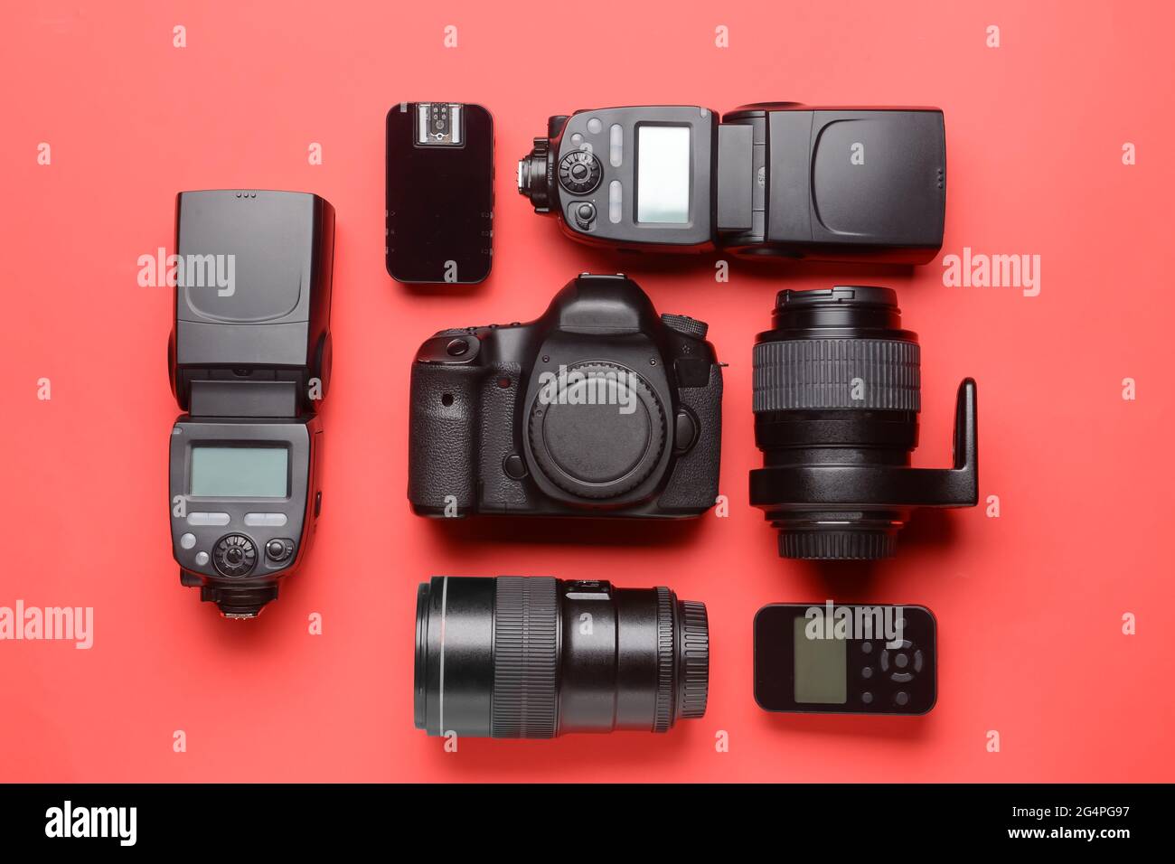Modern photographer's equipment on color background Stock Photo - Alamy