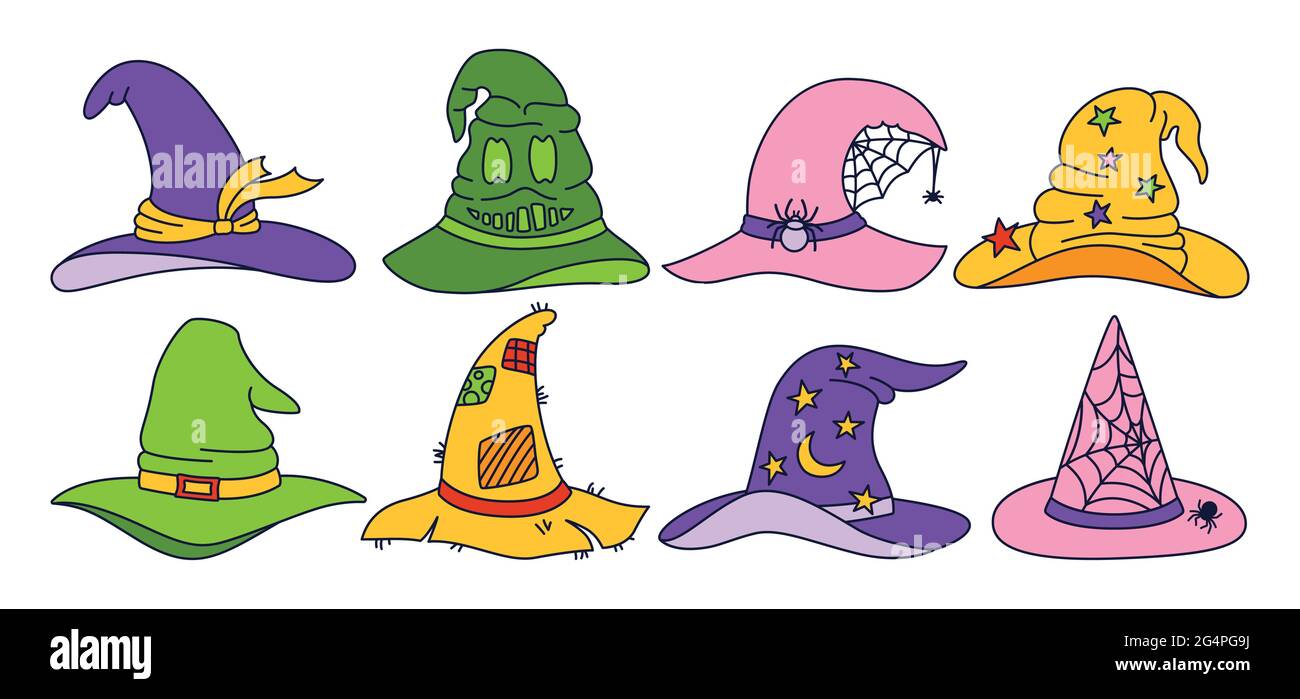 Witch hat Halloween bright doodle set. Party line magic hats, horror ...