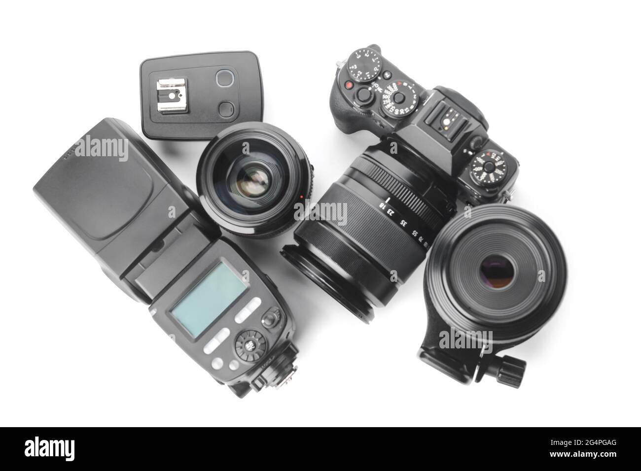 Modern photographer's equipment on white background Stock Photo - Alamy