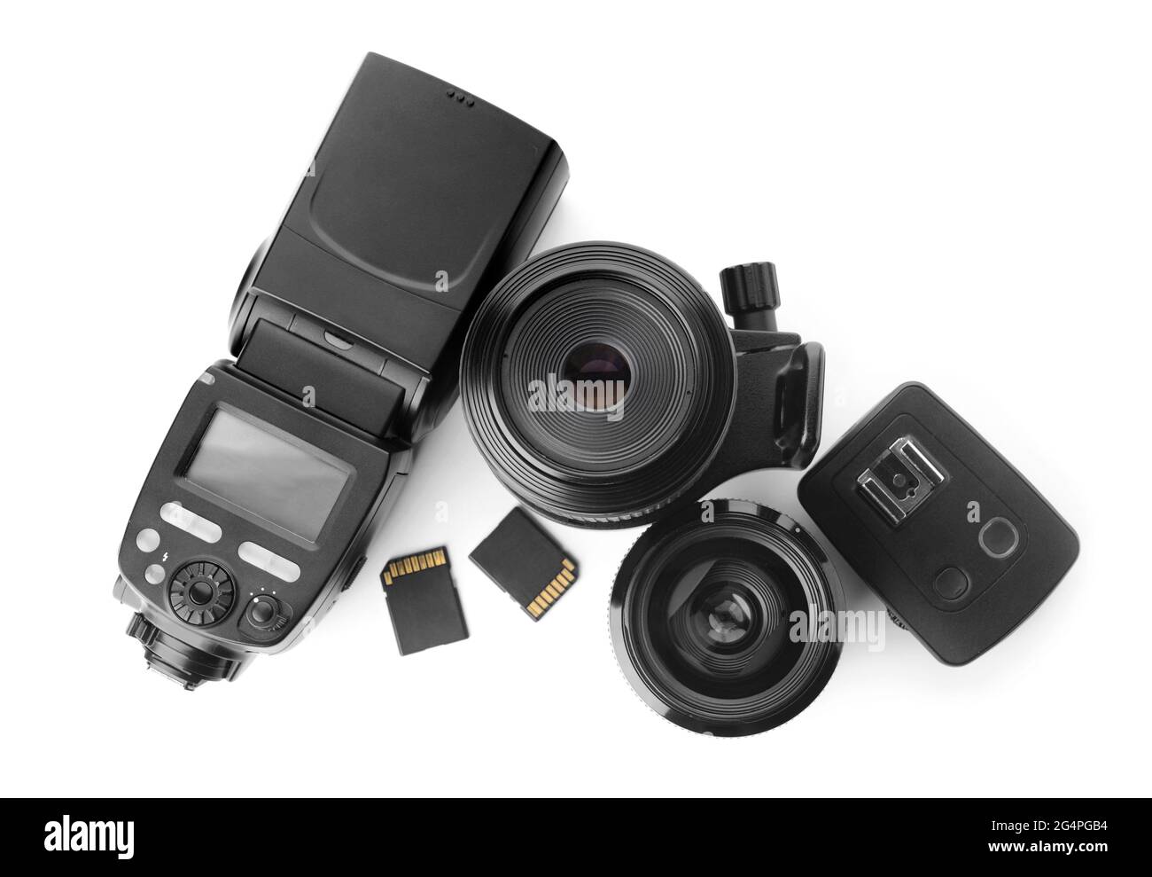 Modern photographer's equipment on white background Stock Photo - Alamy