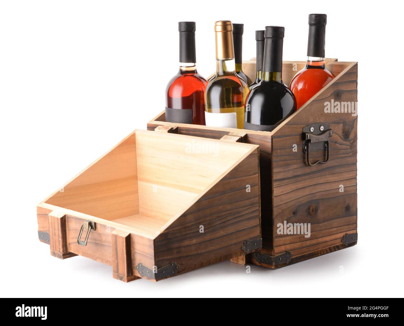 Box with bottles of wine on white background Stock Photo - Alamy