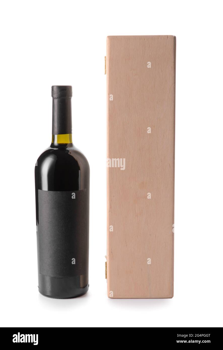 Box with bottle of wine on white background Stock Photo - Alamy