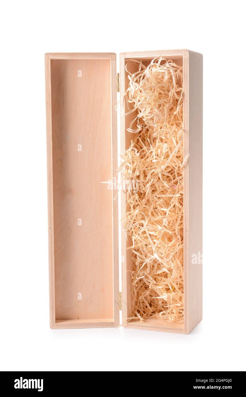 Open wine box on white background Stock Photo - Alamy