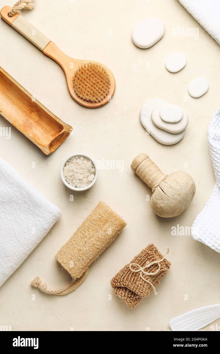 Set of spa supplies on grey background Stock Photo - Alamy