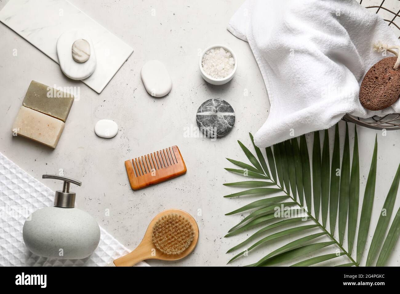 Set of spa supplies on grey background Stock Photo - Alamy