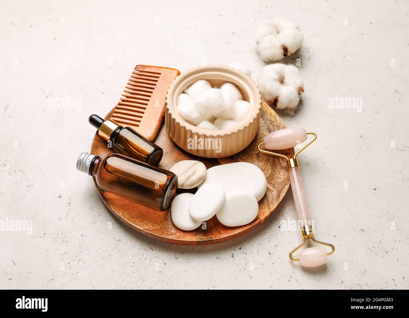 Set of spa supplies on grey background Stock Photo - Alamy