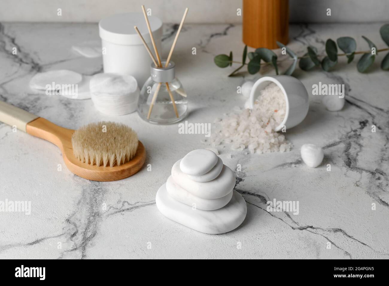 Set of spa supplies on white background Stock Photo - Alamy